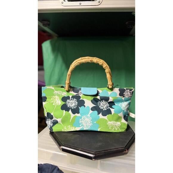 Bags | Estee Lauder Floral Fabric Handbag Bamboo Handle Green Blue ...